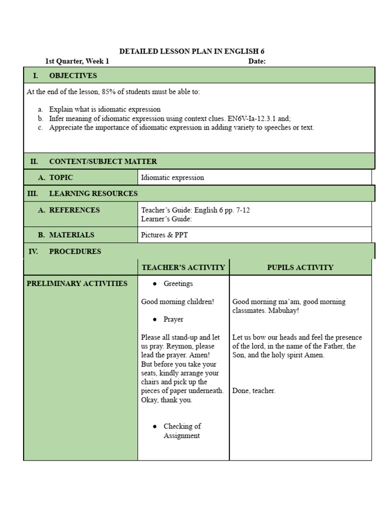 English 6: Idioms Lesson Plan | PDF | Idiom | Lesson Plan