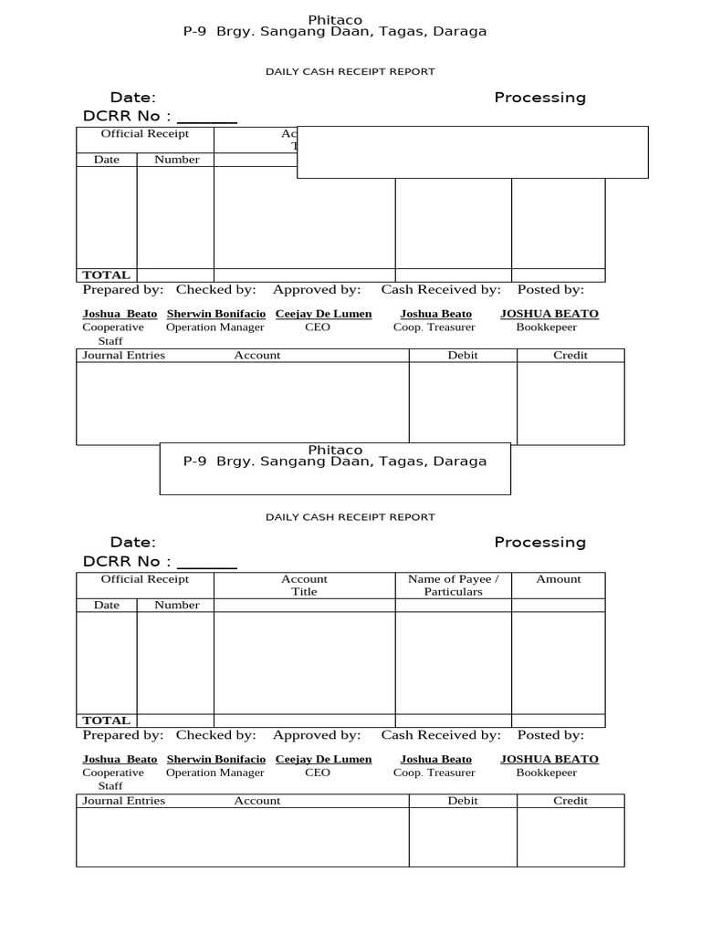 Daily Cash Receipt Report Template | PDF