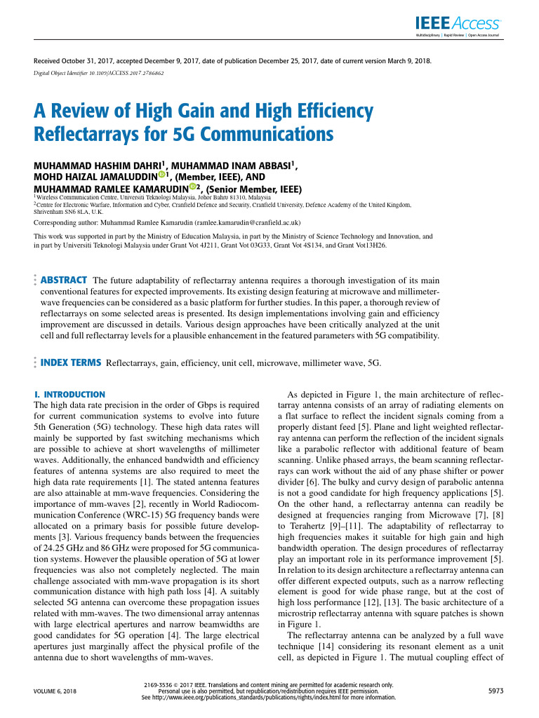 A Review of High Gain and High Efficiency Reflectarrays For 5G Communications | PDF | Antenna ...