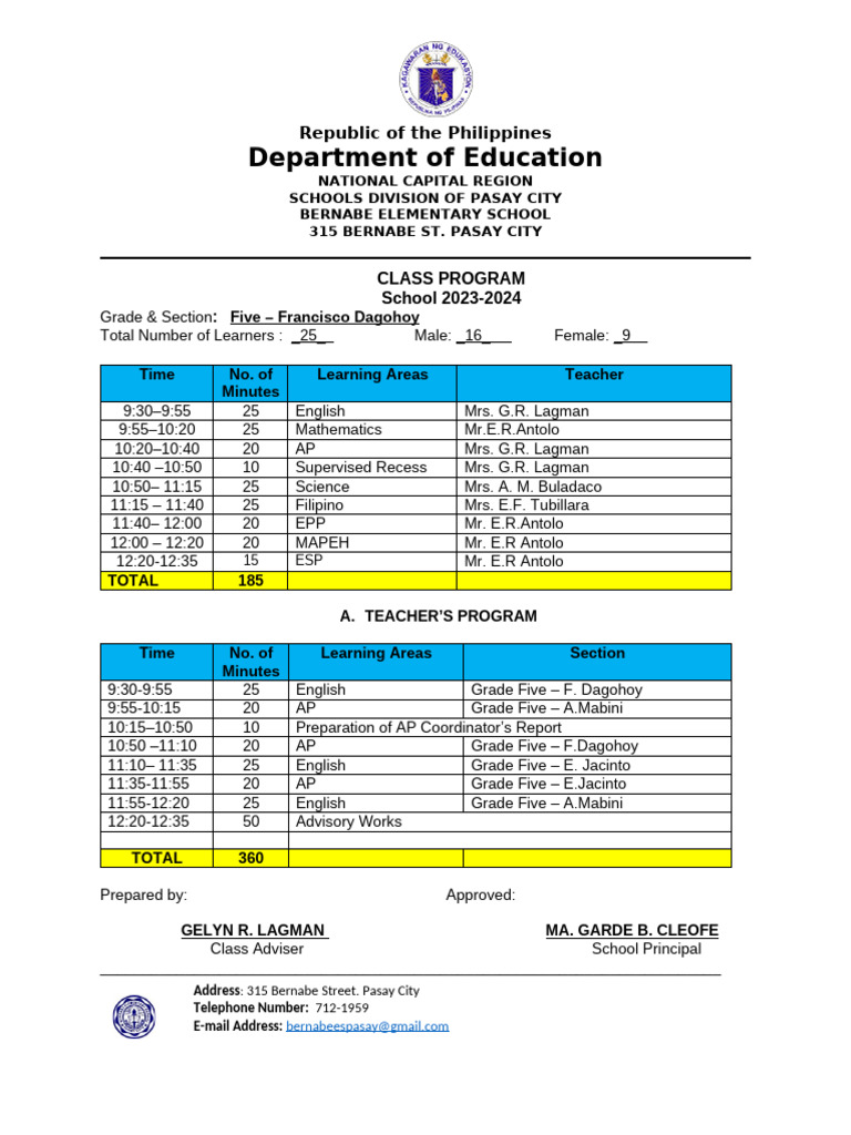 Class Program Grade 5 F.dagohoy | PDF