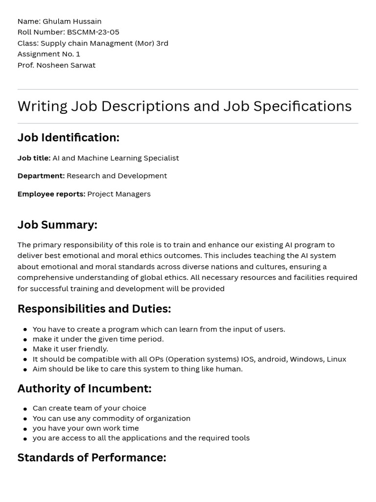 AI and Machine Learning Specialist Role | PDF