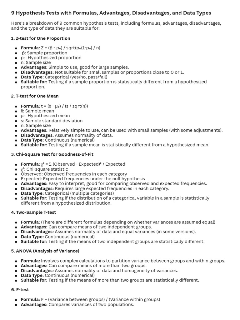 9 Hypothesis Tests: Formulas & Types | PDF | Student's T Test | Chi ...