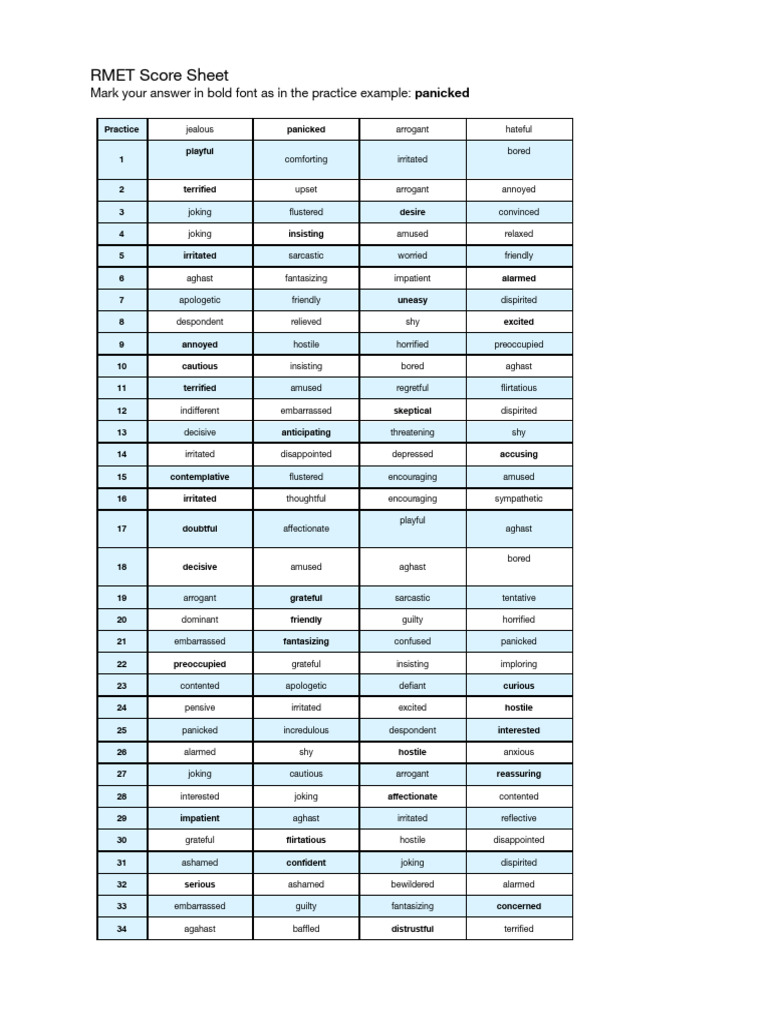 RMET Score Sheet - Li Miao 22-2376 | PDF