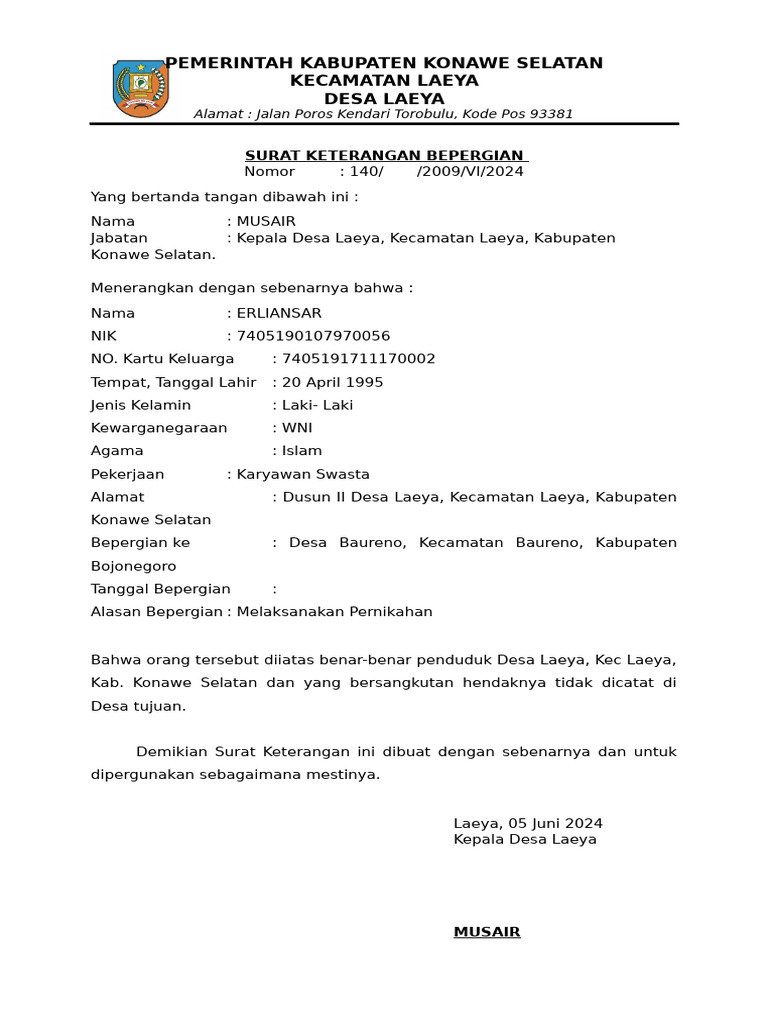 Surat Keterangan Bepergian WNI Laeya | PDF