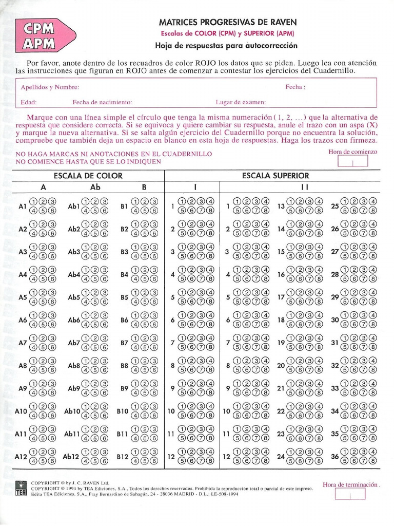 RAVEN 3 (CPM y APM) Hoja de Respuestas para Autocorrección y Hoja de Puntuaciones | PDF