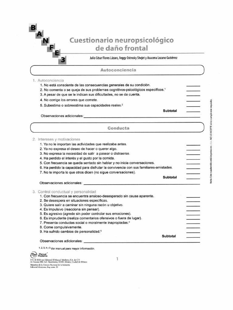 BANFE-3 Cuestionario Neuropsicológico de Daño Frontal | PDF