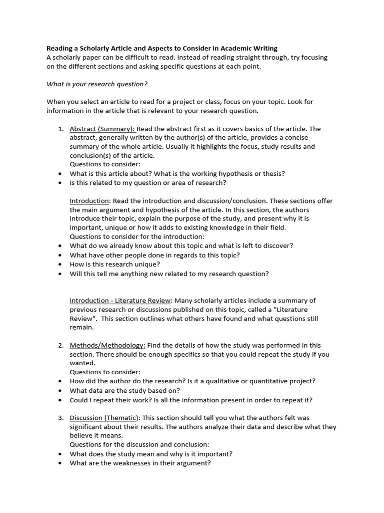 Handout - Reading A Scholarly Article | PDF | Science | Methodology