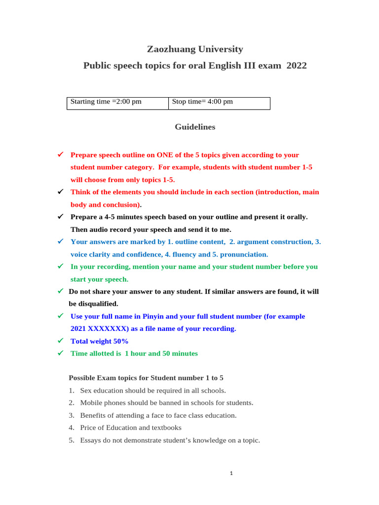 Exam Topics For Oral English 3 Public Speech | PDF