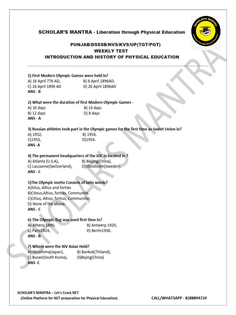 Daily Questions of Introduction and History of Pe | PDF | Olympic Games ...
