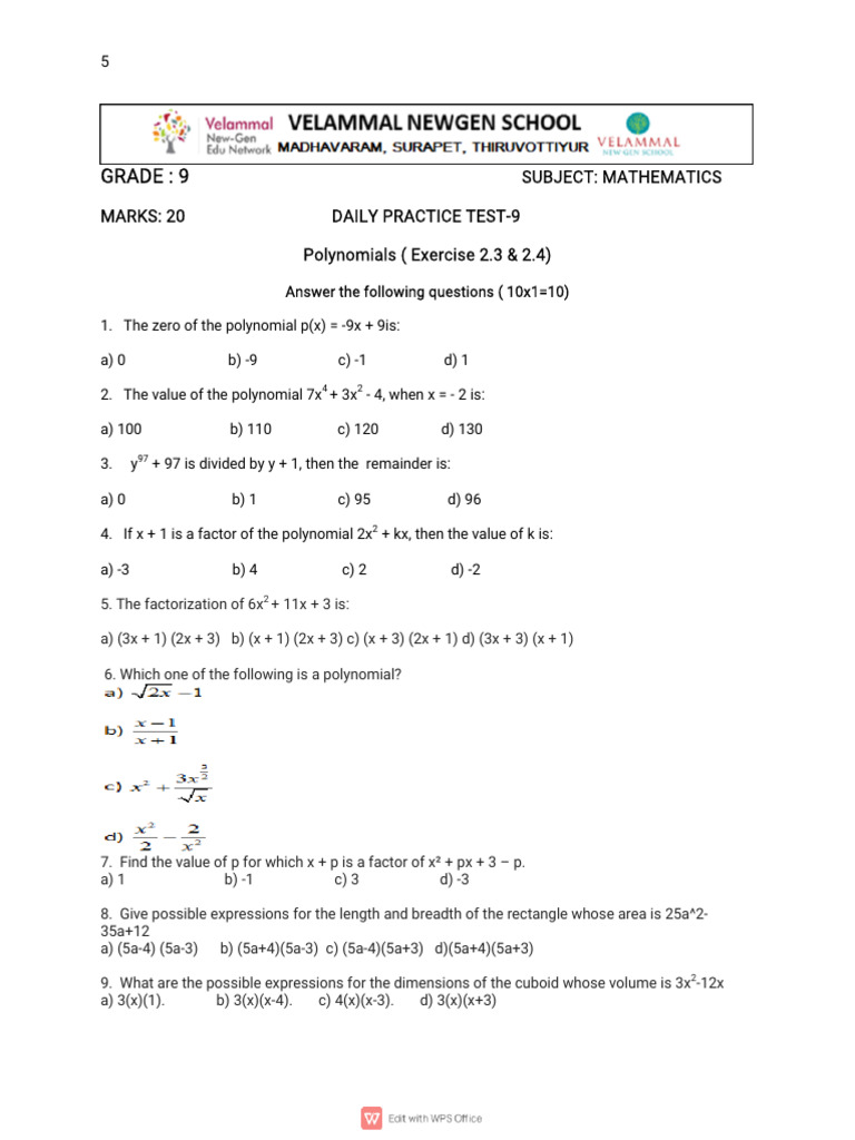 Grade 9 DPT 10 Math | PDF