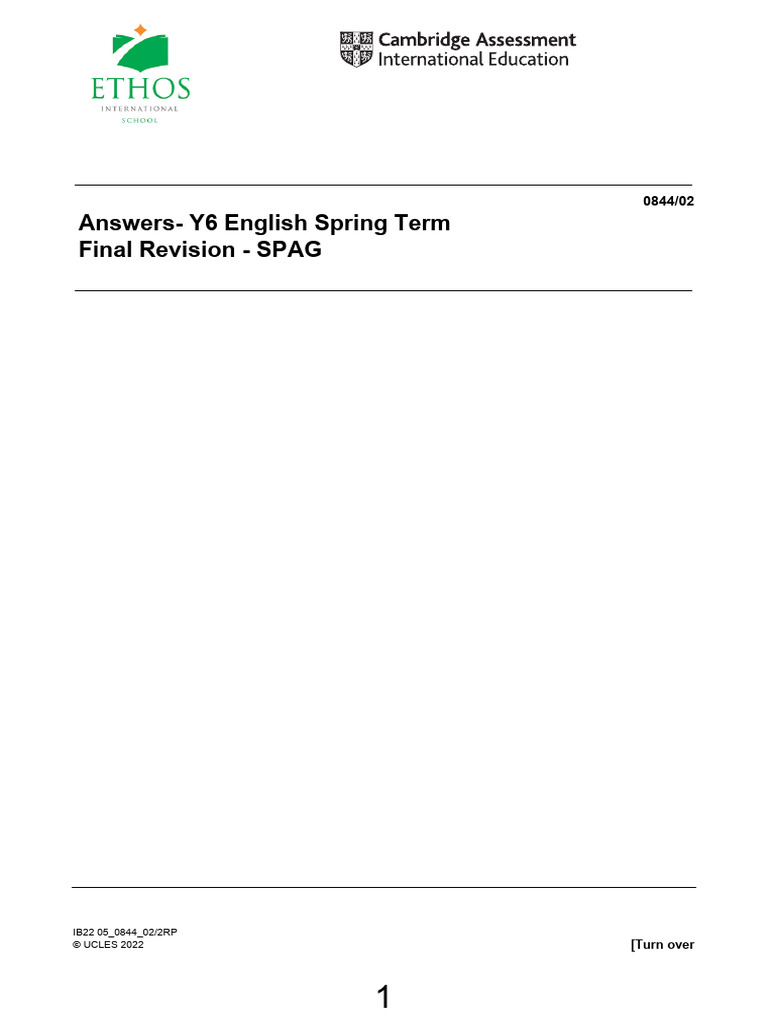 Answers Y6 Eng SPaG Booklet-Spring Final Revision | PDF | Part Of Speech | Verb