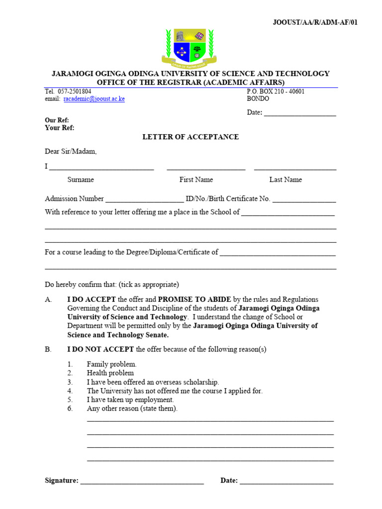JOOUST Admission Acceptance Letter | PDF