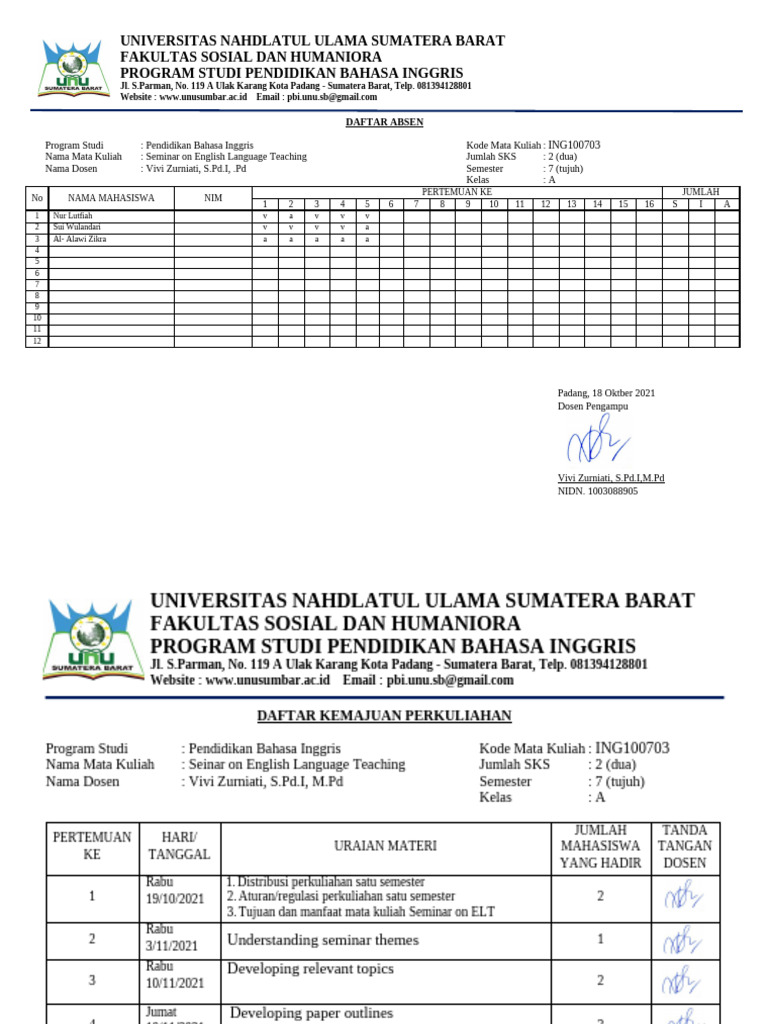 Daftar Absen Seminar Pendidikan Inggris | PDF