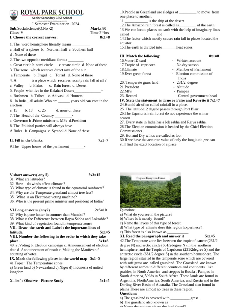 Grade 5 Social Qp1 - Sem 1 | PDF | Temperate Climate | Grassland