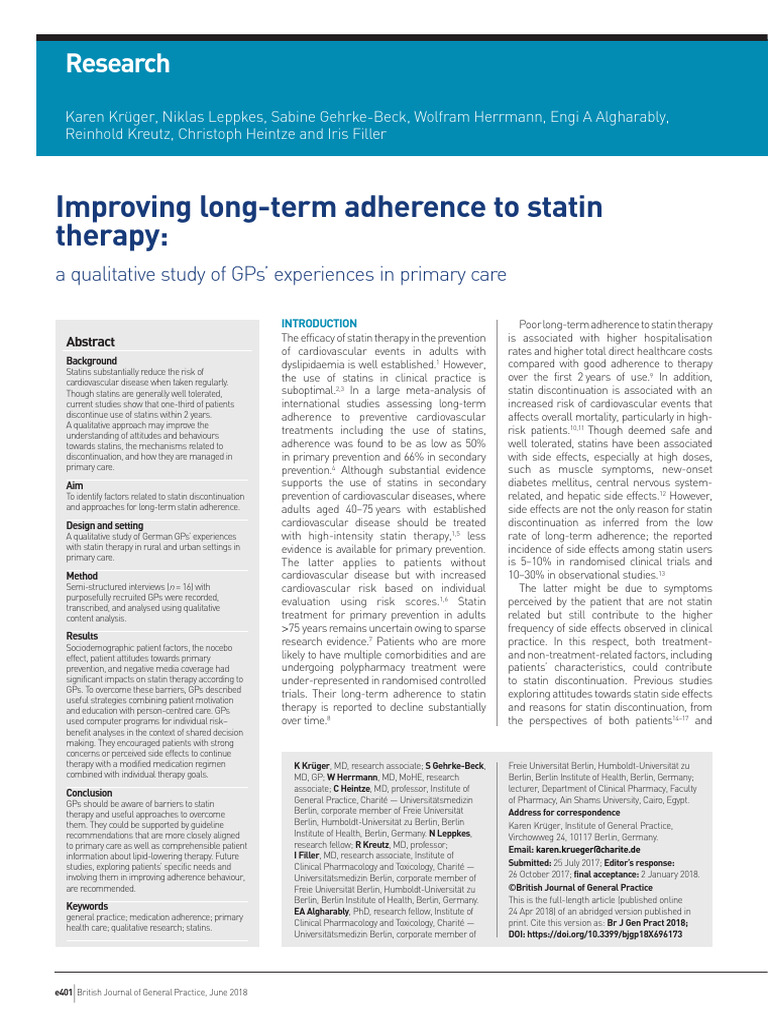 2018 Improving Long-Term Adherence To Statin | PDF | Statin ...