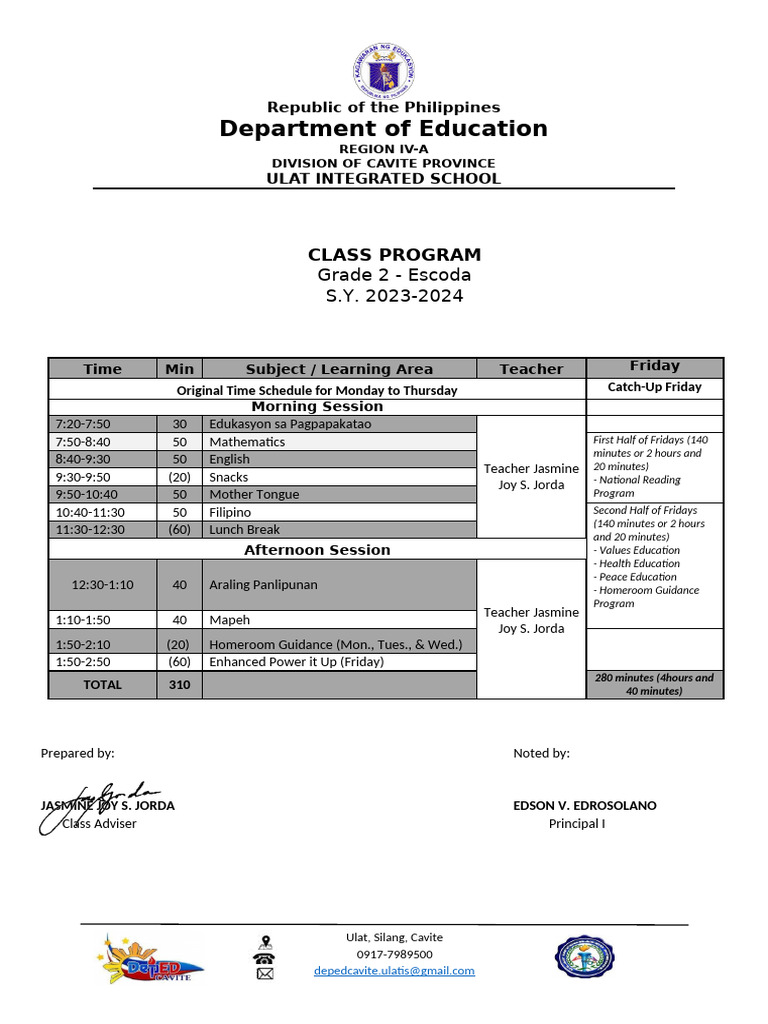 Catch Up Friday GRADE 2 ESCODA Classprogram 2 | PDF | Schools