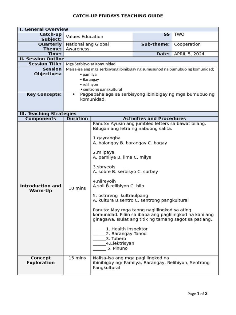 Grade2 Values Ed - Catch Up Friday | PDF