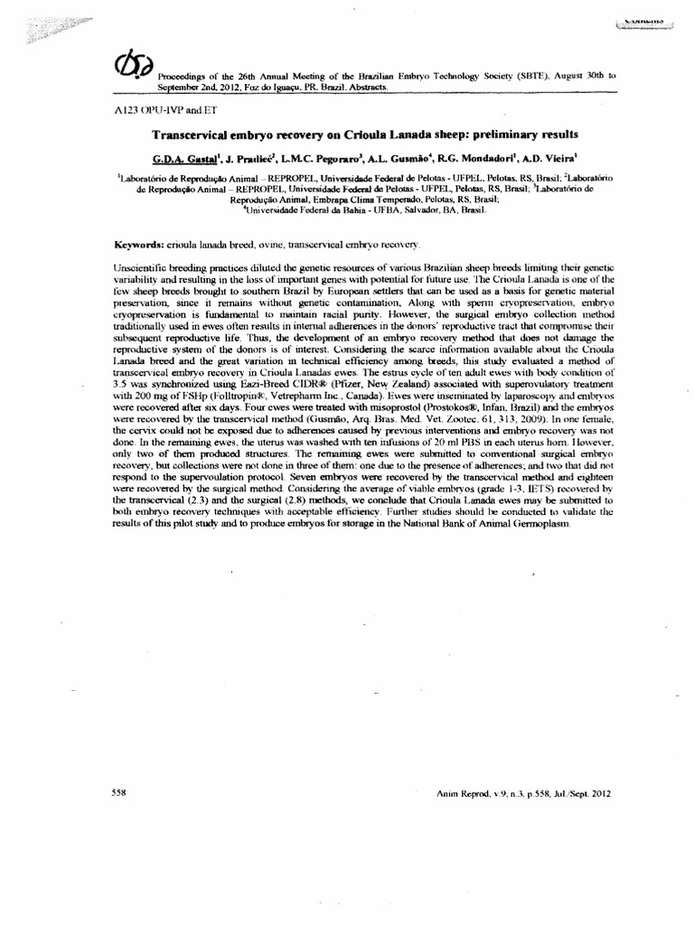 Transcervical Embryo Recovery On Crioula Lanada Sheep - Preliminary Results | PDF