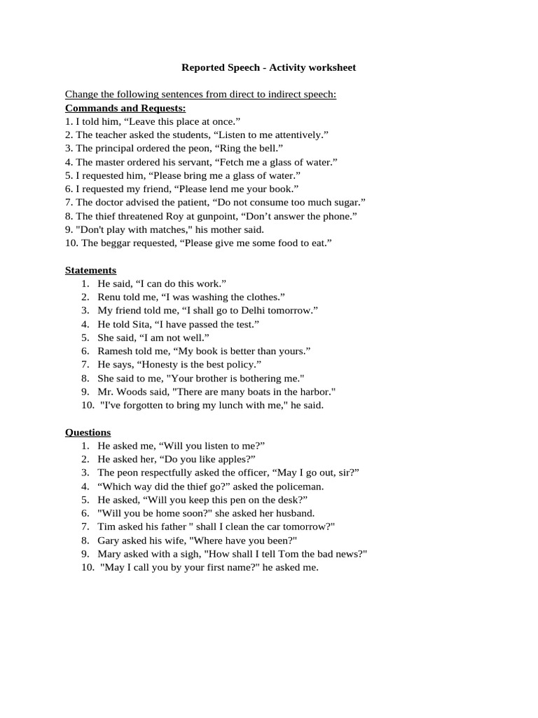 Reported Speech Worksheet | PDF | Linguistics | Grammar