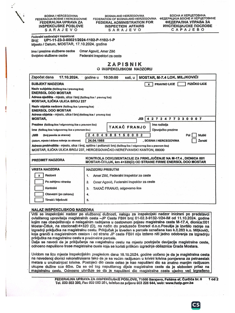 Inspekcijski Nalaz I Mišljenje JP Ceste FBiH | PDF