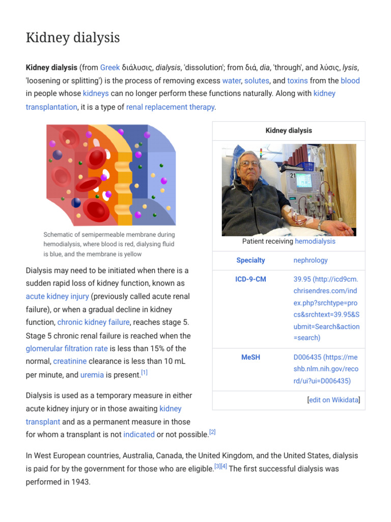 Kidney Dialysis - Wikipedia | PDF | Hemodialysis | Internal Medicine