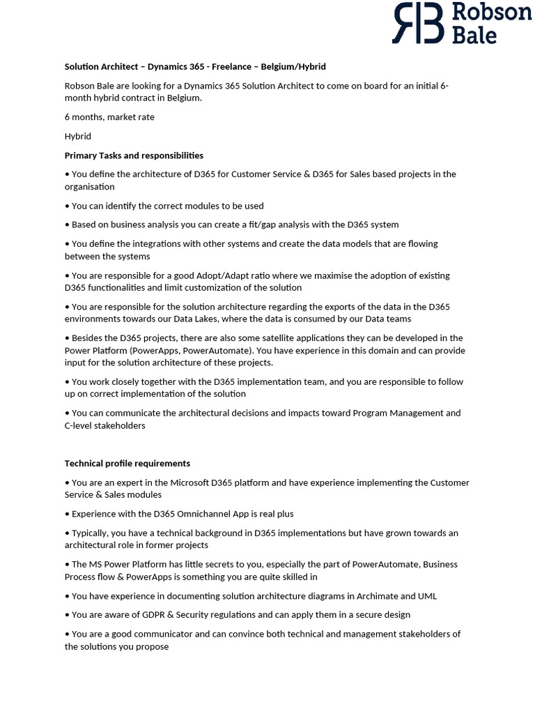 JD Dynamics 365 Solution Architect Brussels | PDF | Computers