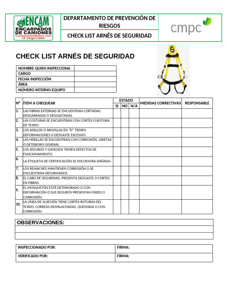 Check List Arnés de Seguridad | PDF