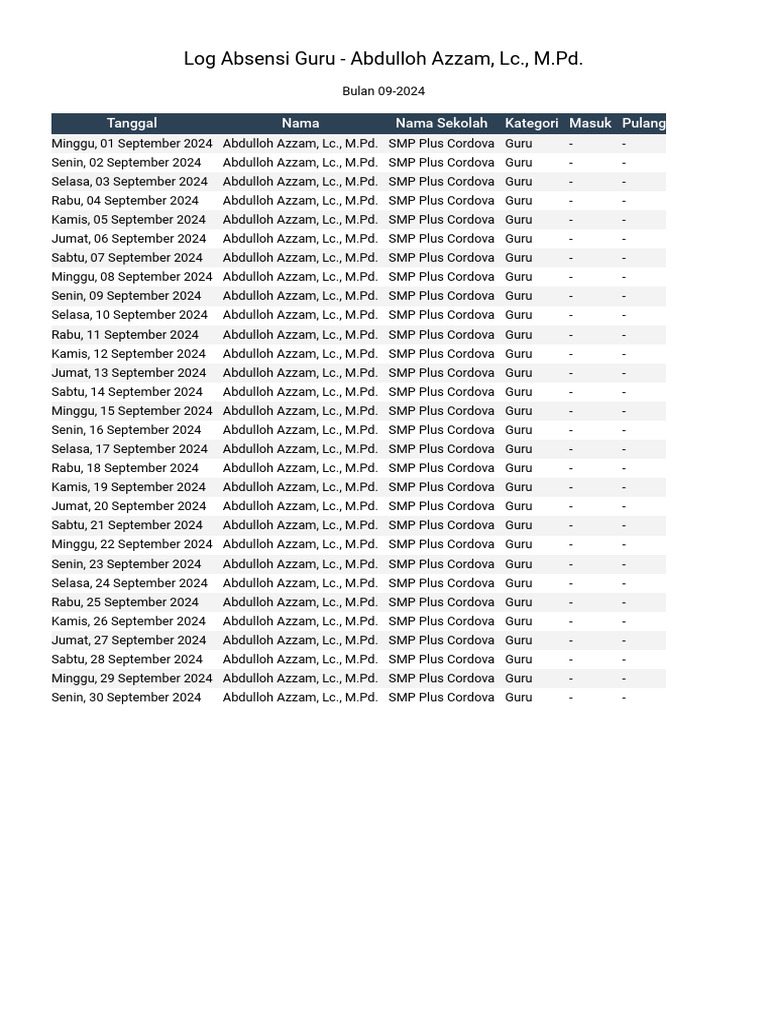 Guru Attendance Log - Sept 2024 | PDF