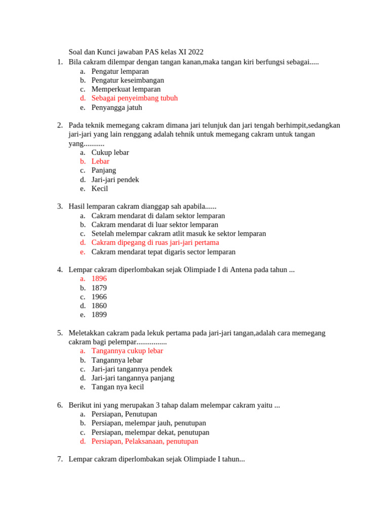 Soal PJOK PAS Kelas XI 2022 | PDF