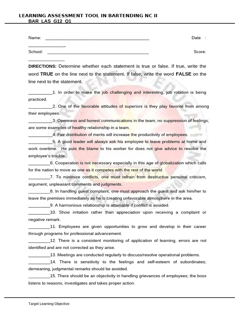 Las Bartending NC II Week 1 | PDF | Learning | Psychology