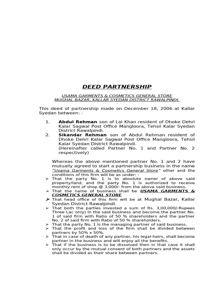 Usama Garments Partnership Deed | PDF | Private Law | Business