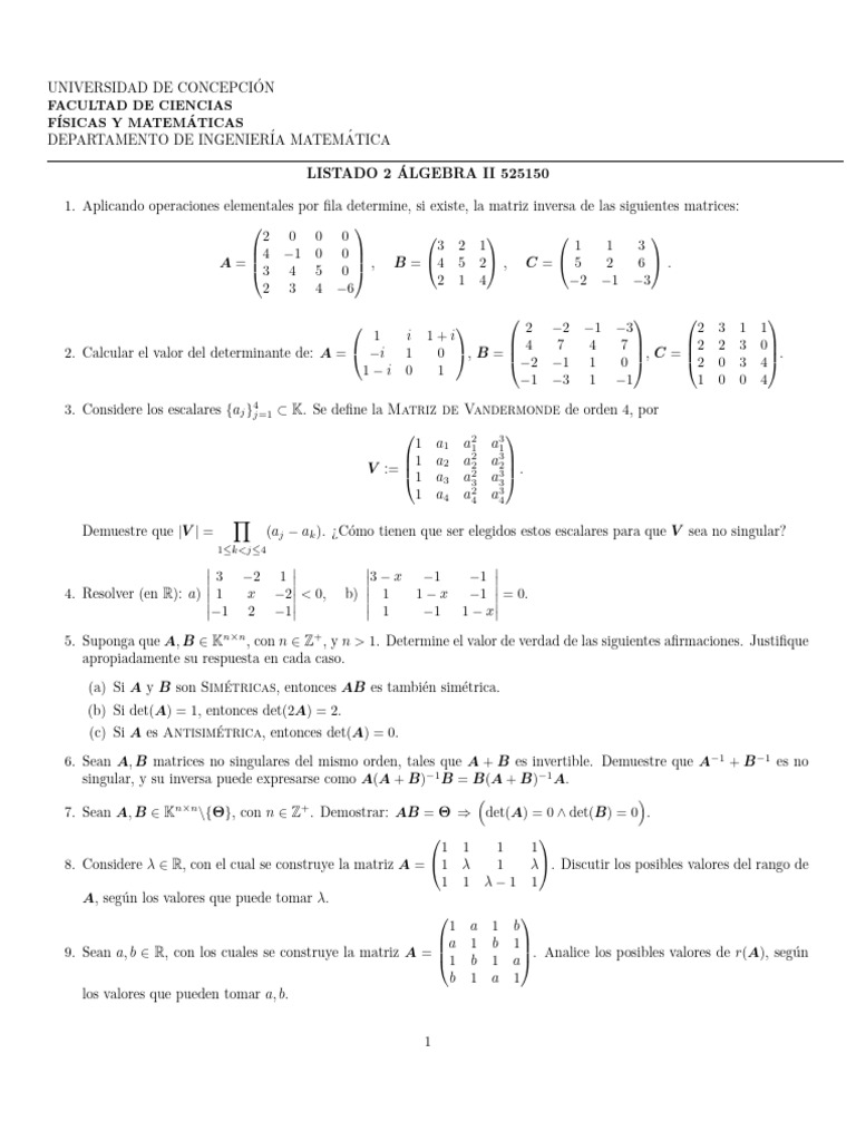 Listado3 A2 2024 1 | PDF | Matriz (Matemáticas) | Determinante