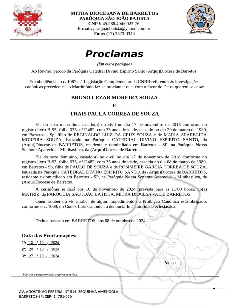 Proclamação de Casamento em Barretos | PDF
