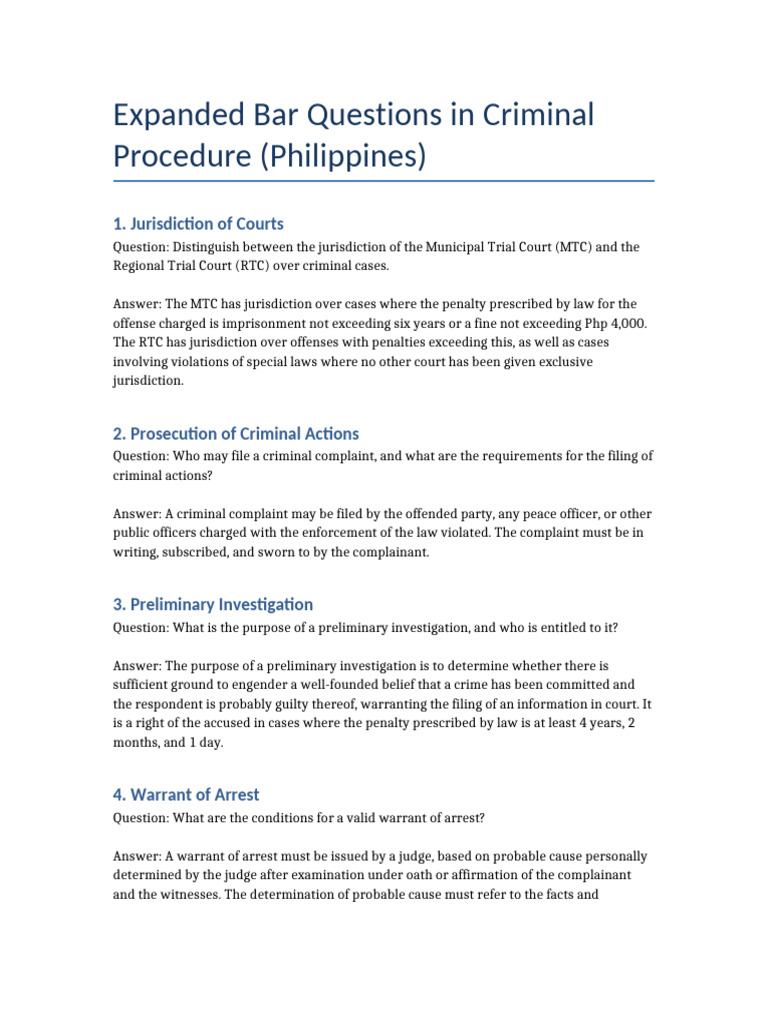 Expanded Criminal Procedure Bar Questions Philippines | PDF | Arrest ...