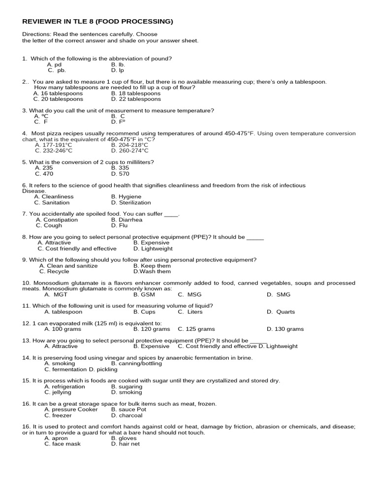 Reviewer in Tle 8 | PDF | Food Preservation | Teaspoon