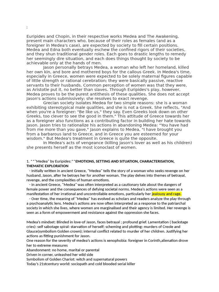 Ib DP English Medea Vs Awakening Compare 0 Contrast | PDF | The ...
