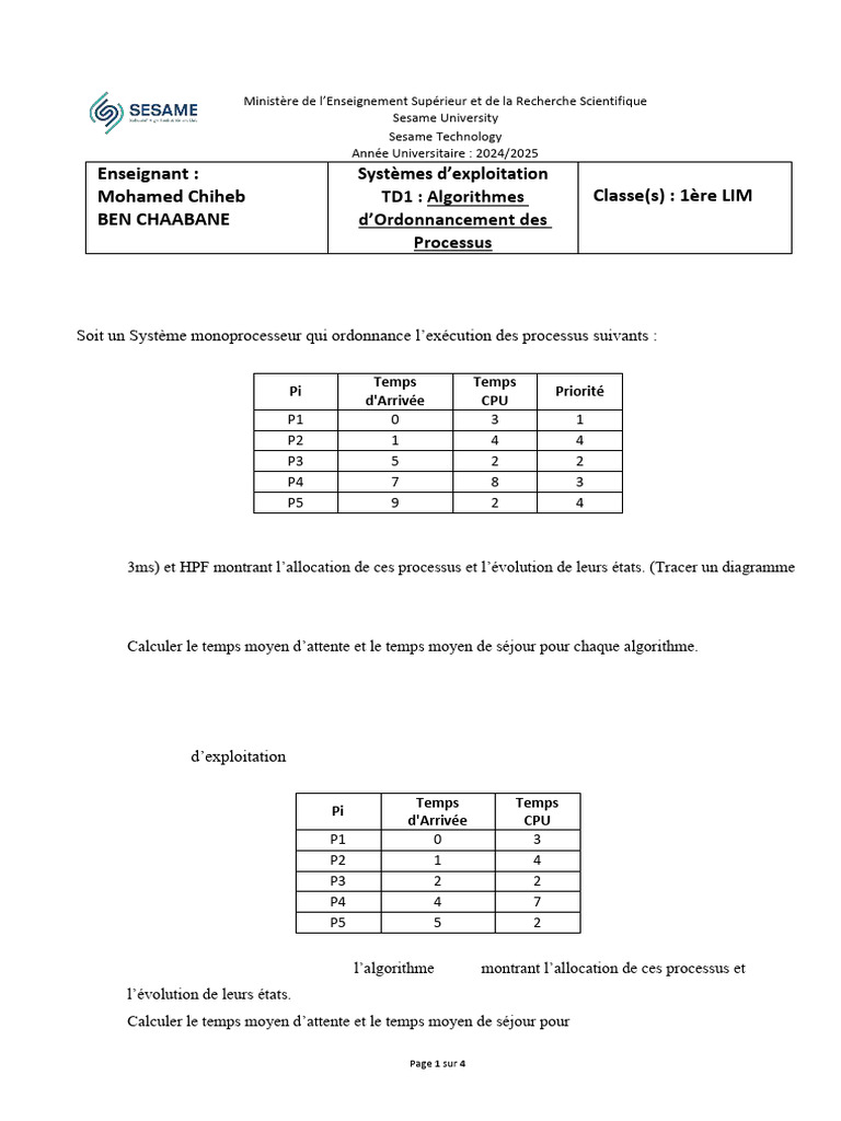 Algorithmes d'Ordonnancement des Processus | PDF | Entrée/Sortie ...