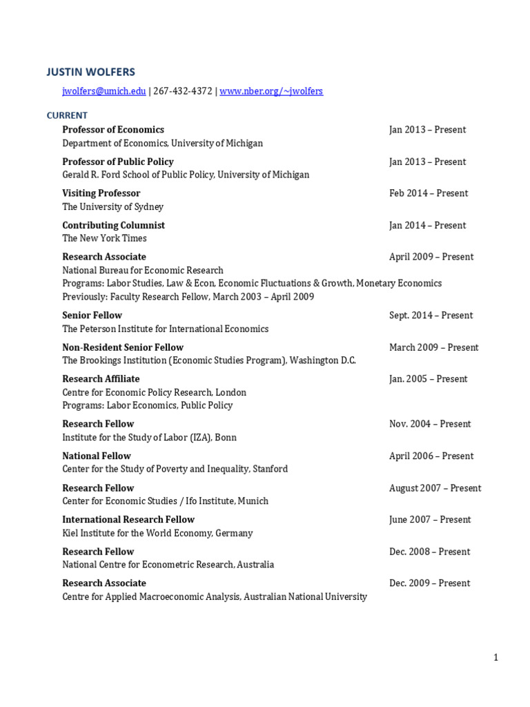 justin-wolfers-cv-12-2020 | PDF | Economics | Macroeconomics
