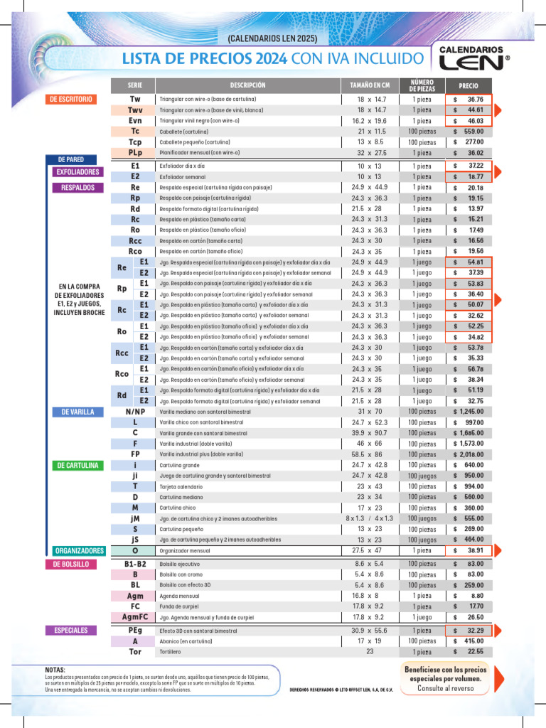 Lista de Precios Calendarios LEN 2025 | PDF