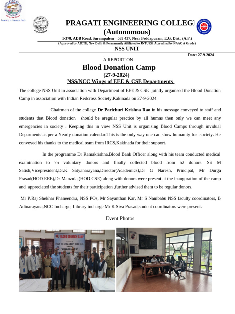 Blood Donation Camp Report - Pragati College | PDF | Government Of India