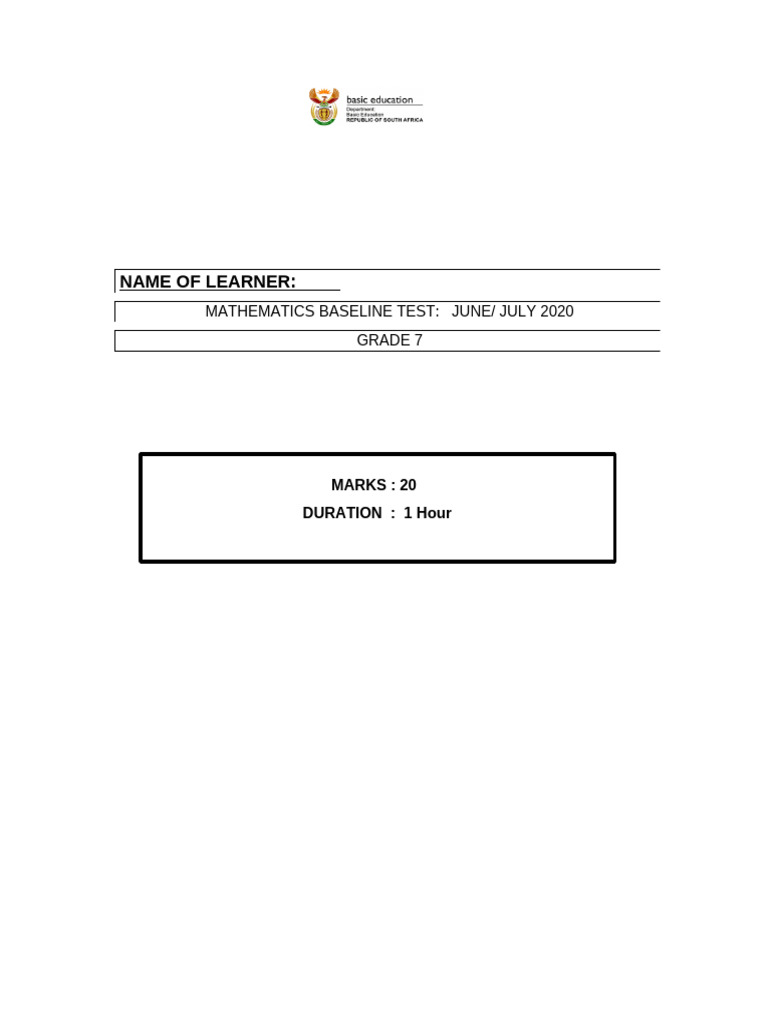 New Mathematics Baseline Test Grade 7 2020 | PDF | Area | Length