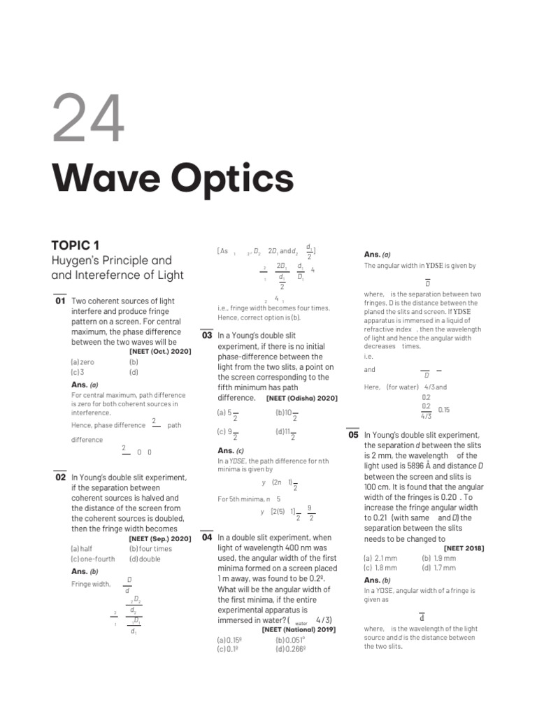 Wave optics Pyq | PDF | Angular Resolution | Wavelength