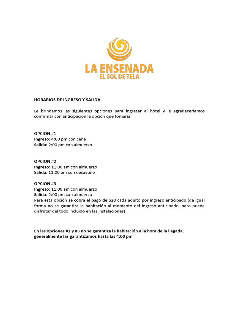 Horarios de Ingreso y Salida La Ensenada Resort | PDF