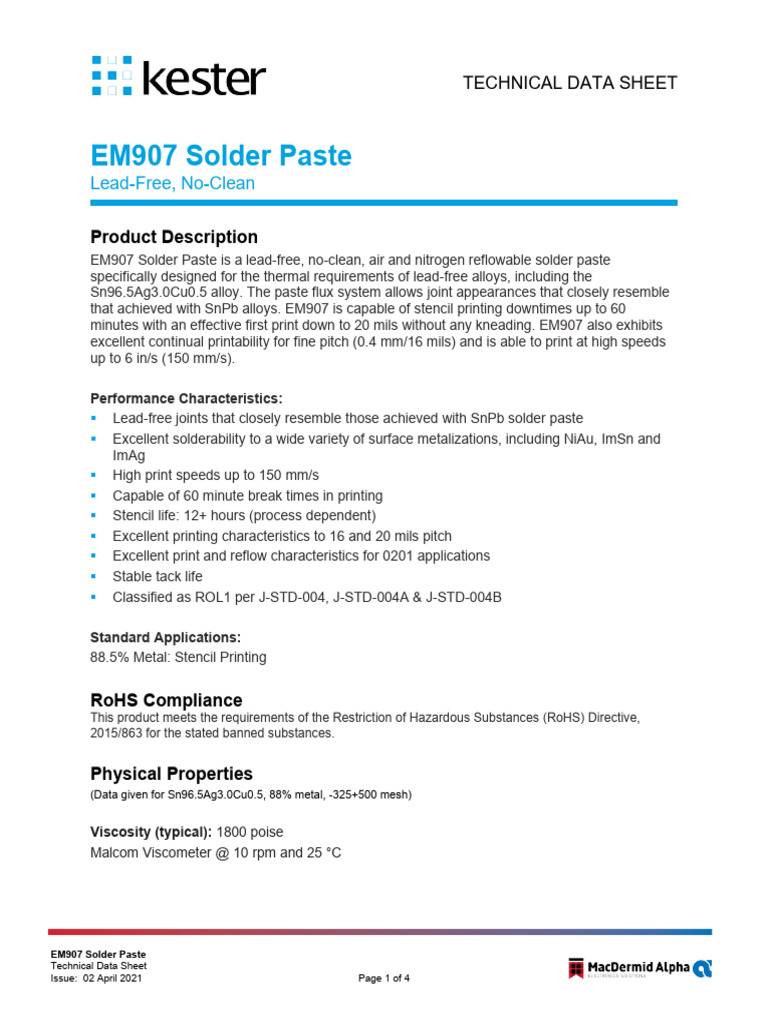 Kester EM907 Solder Paste EN 02apr21 TB | PDF | Solder | Stainless Steel