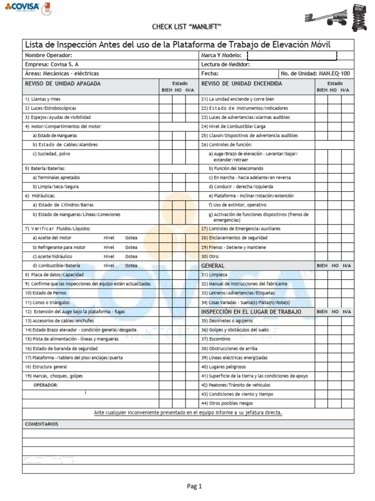 CheckList preventivo_Manlift __ | PDF | Vehículo de motor | Vehículos