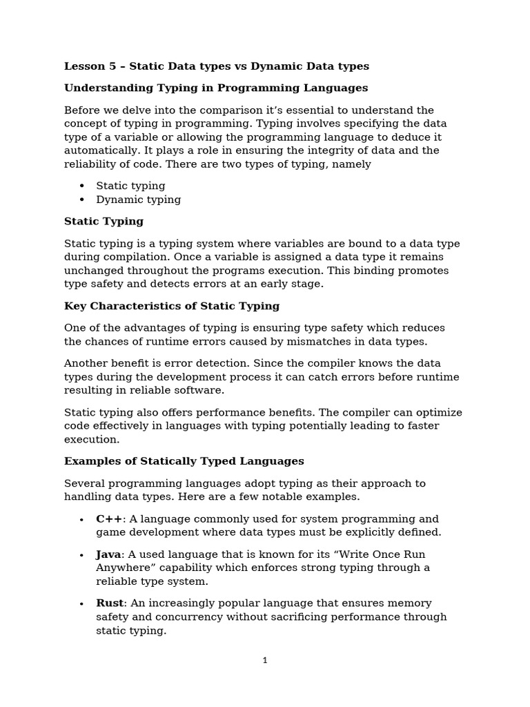 Lesson 5 - Static Data Types Vs Dynamic Data Types | PDF | Variable (Computer Science ...