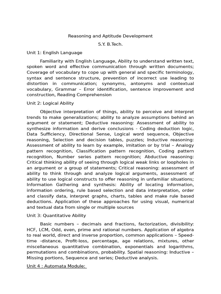 Reasoning and Aptitude Development Syllabus | PDF | Computer Programming | Reason