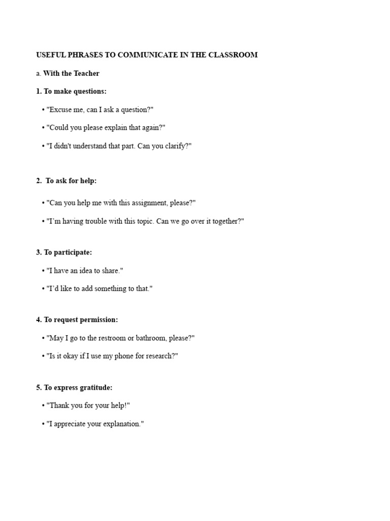 Phrases To Communicate in The Classroom | PDF