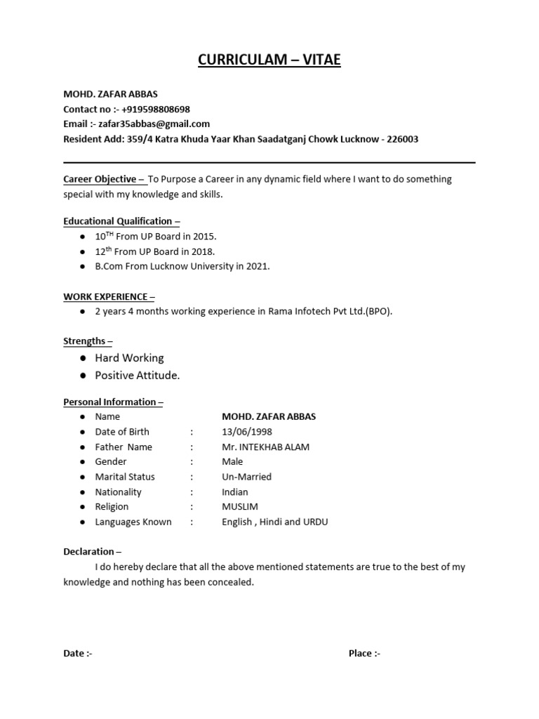 Mohd Zafar Abbas CV PDF | PDF