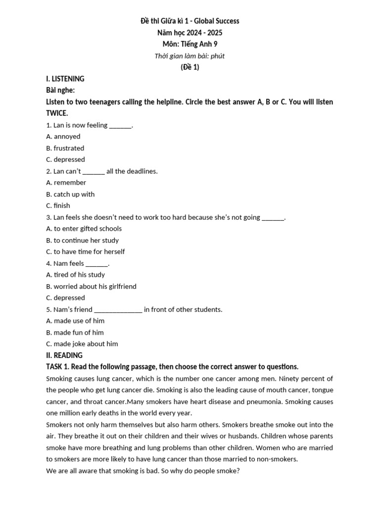 Giữa kì 1: Tiếng Anh 9 - Đề 1 | PDF | Smoking